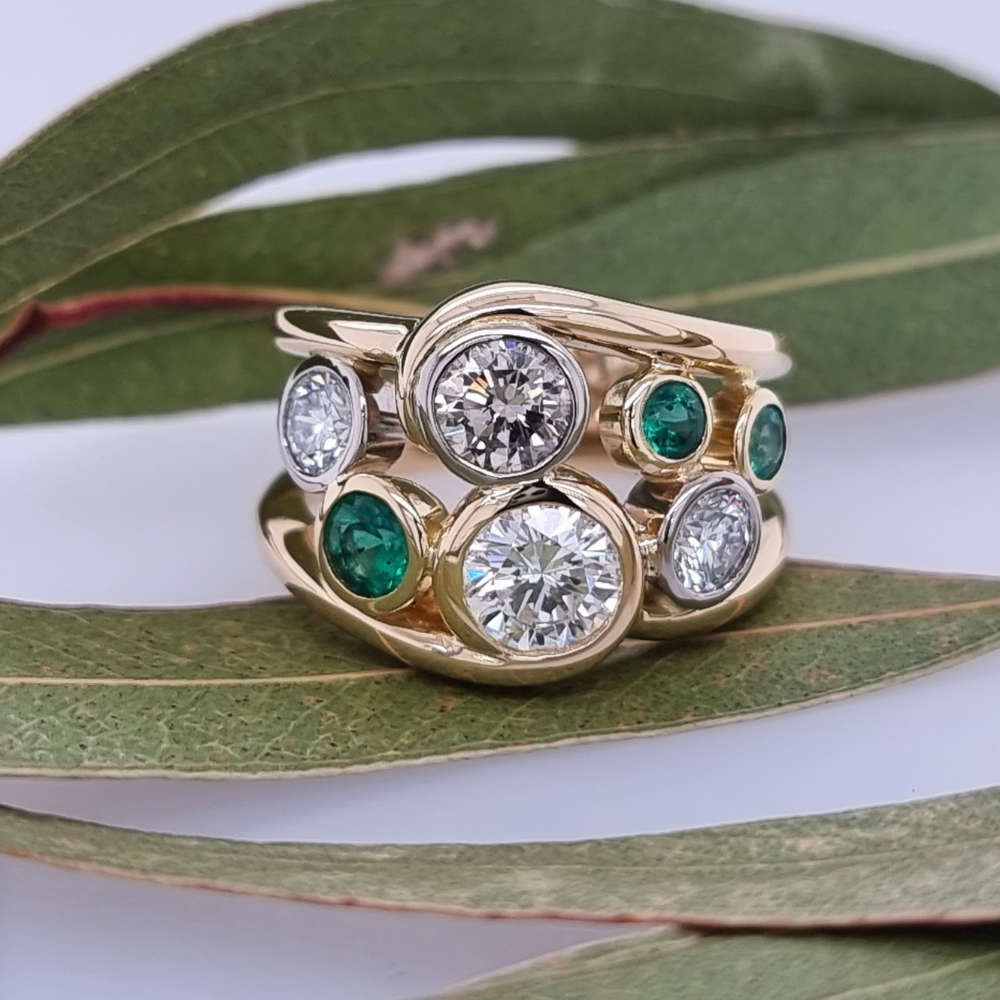 18ct Yellow and White Gold Diamond and Emerald Swirl Ring – Desma Designs