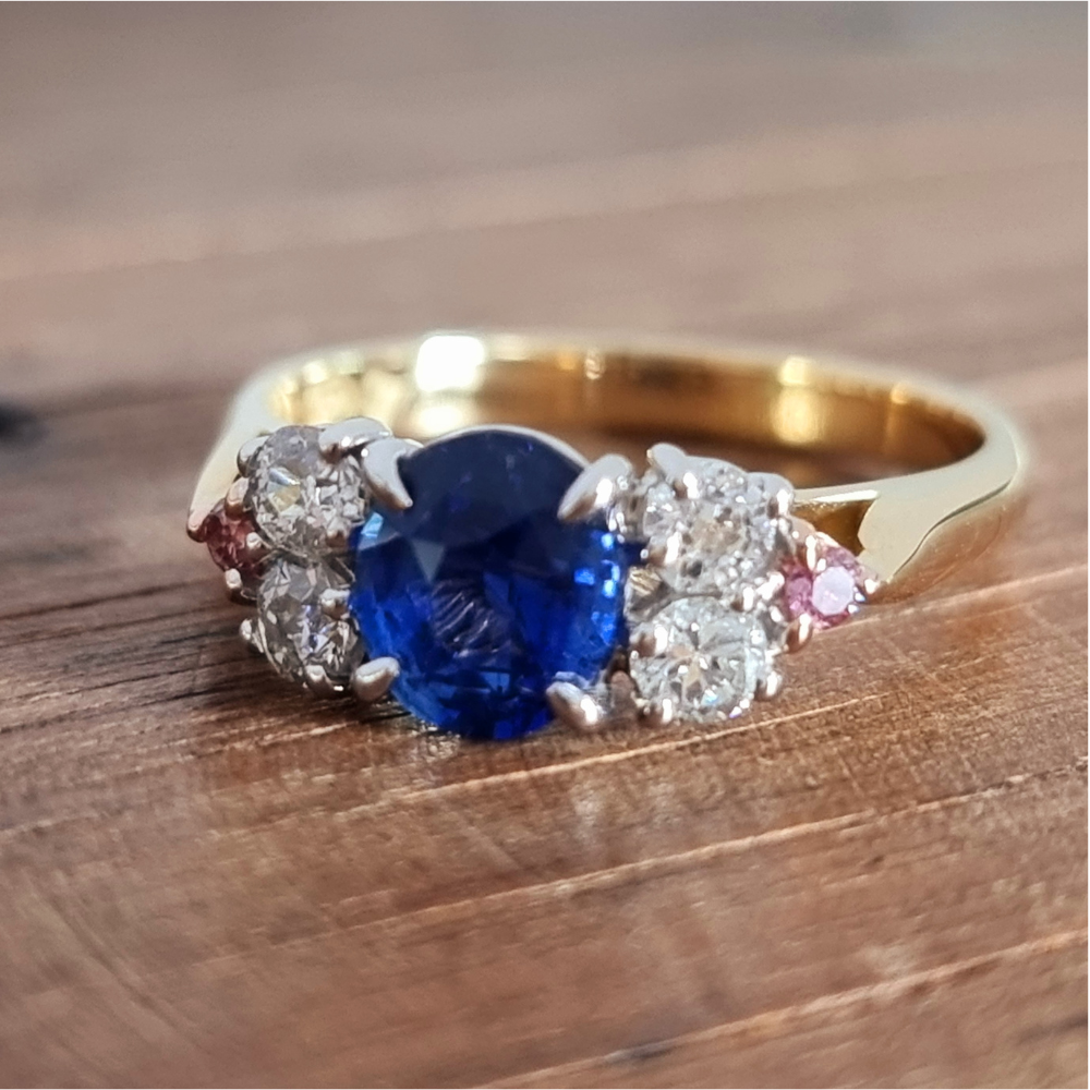Blue Sapphire with White and Pink Argyle Diamond Ring – Desma Designs