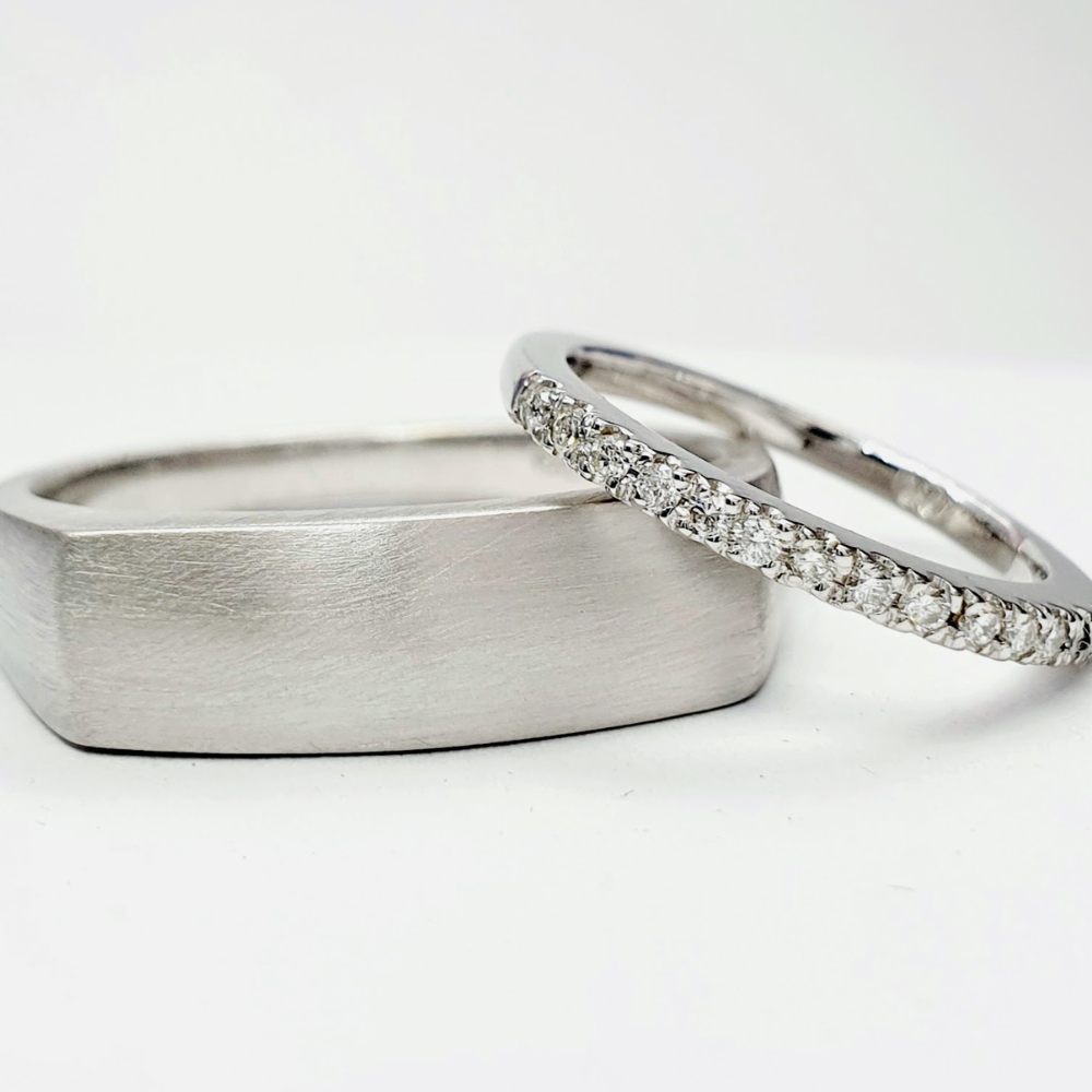 White Gold Brushed flat top Wedding Ring and White Gold claw set Diamo ...